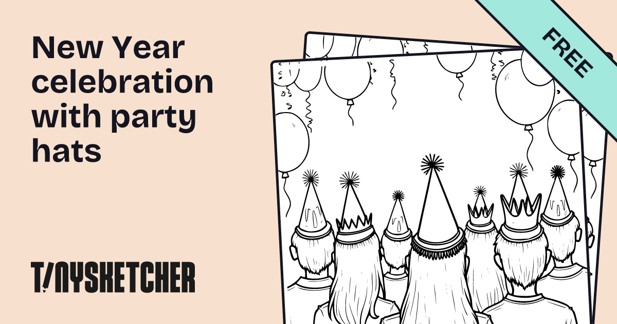 New Year celebration with party hats Coloring Page | Free Printables ...