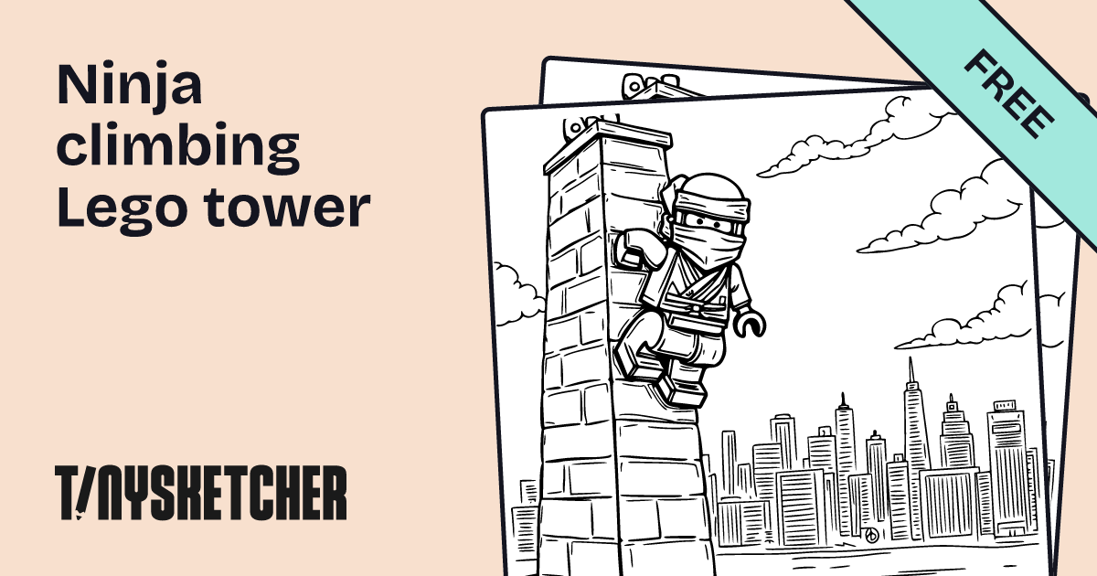 Ninja climbing Lego tower Coloring Page | Free Printables | Tiny Sketcher