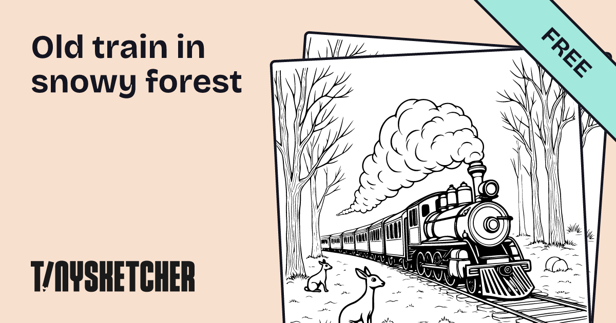 Old train in snowy forest Coloring Page | Free Printables | Tiny Sketcher