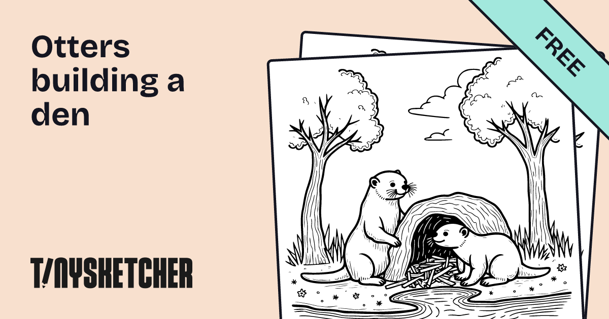 Otters building a den Coloring Page | Free Printables | Tiny Sketcher