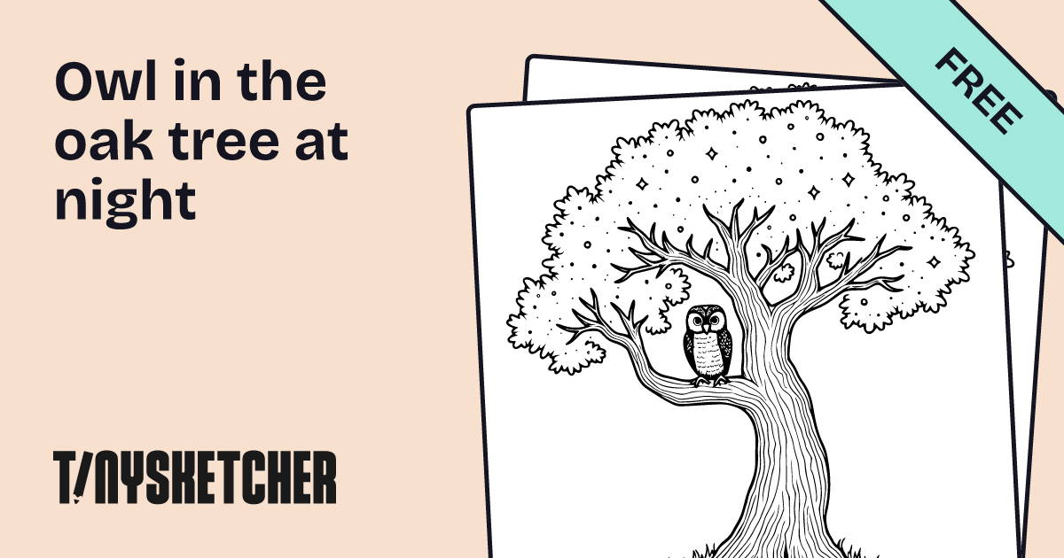 Owl in the oak tree at night Coloring Page | Free Printables | Tiny ...