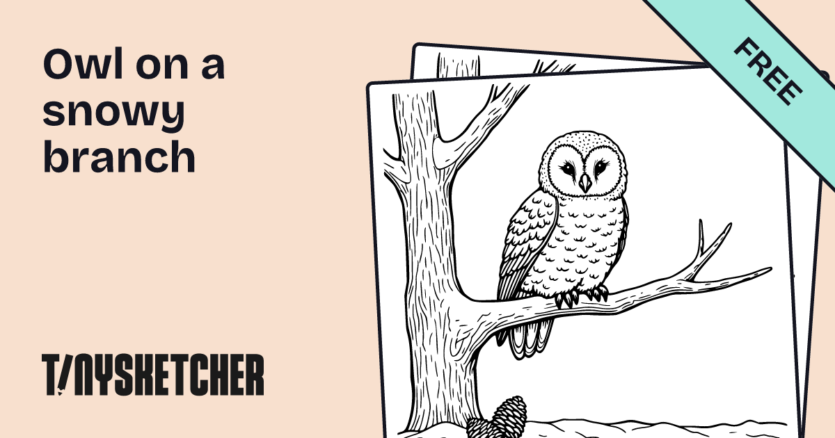 Owl on a snowy branch Coloring Page | Free Printables | Tiny Sketcher