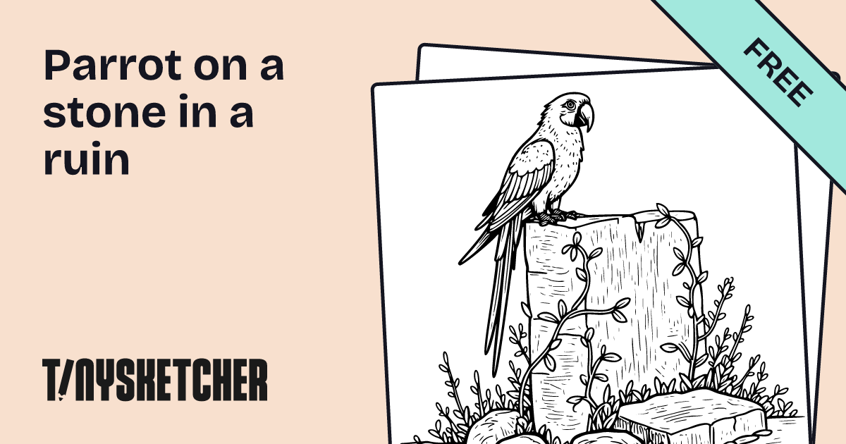 Parrot on a stone in a ruin Coloring Page | Free Printables | Tiny Sketcher