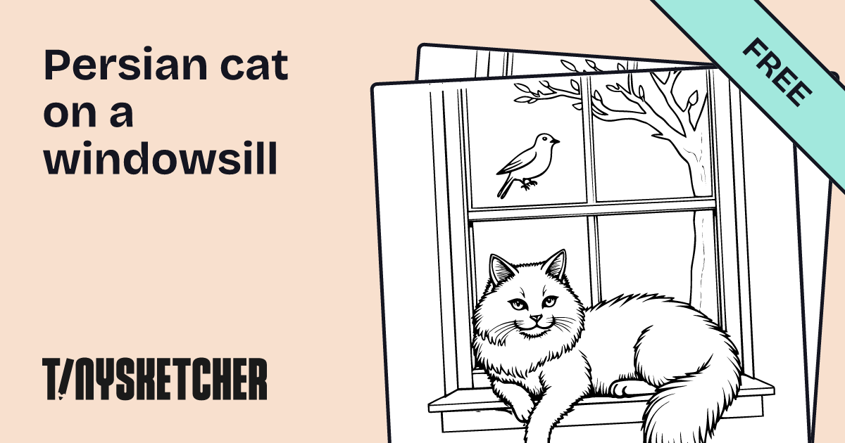 Persian cat on a windowsill Coloring Page | Free Printables | Tiny Sketcher