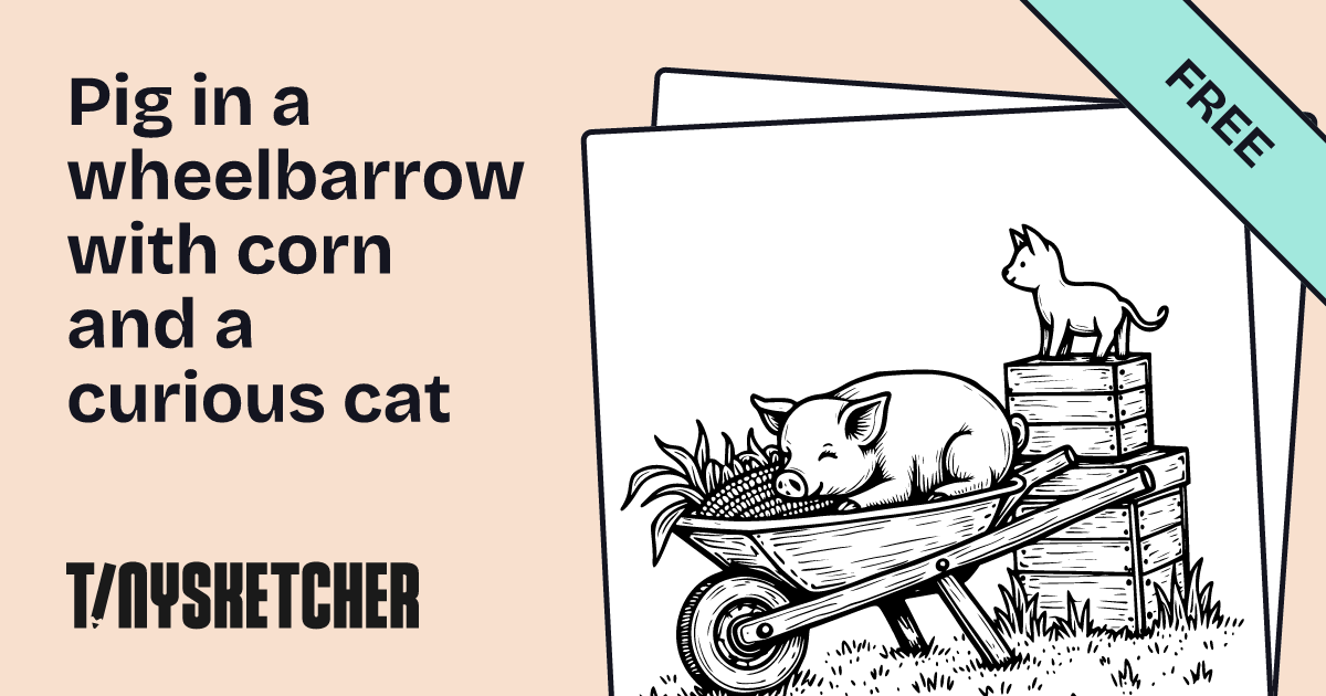 Pig in a wheelbarrow with corn and a curious cat Coloring Page | Free ...