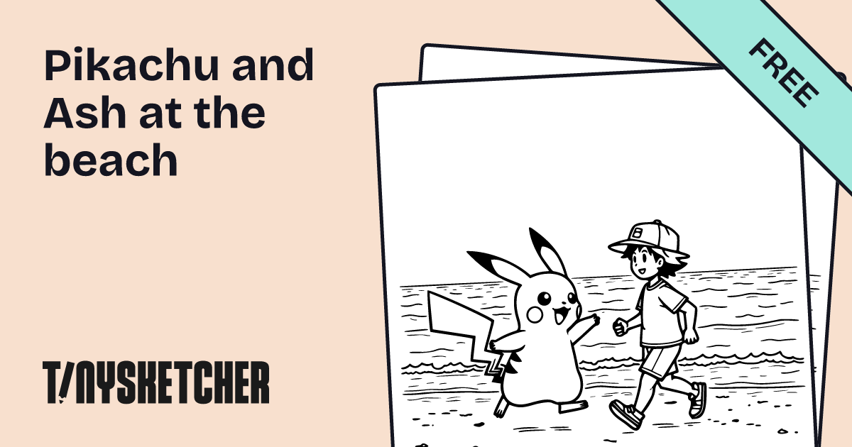 Pikachu and Ash at the beach Coloring Page | Free Printables | Tiny ...