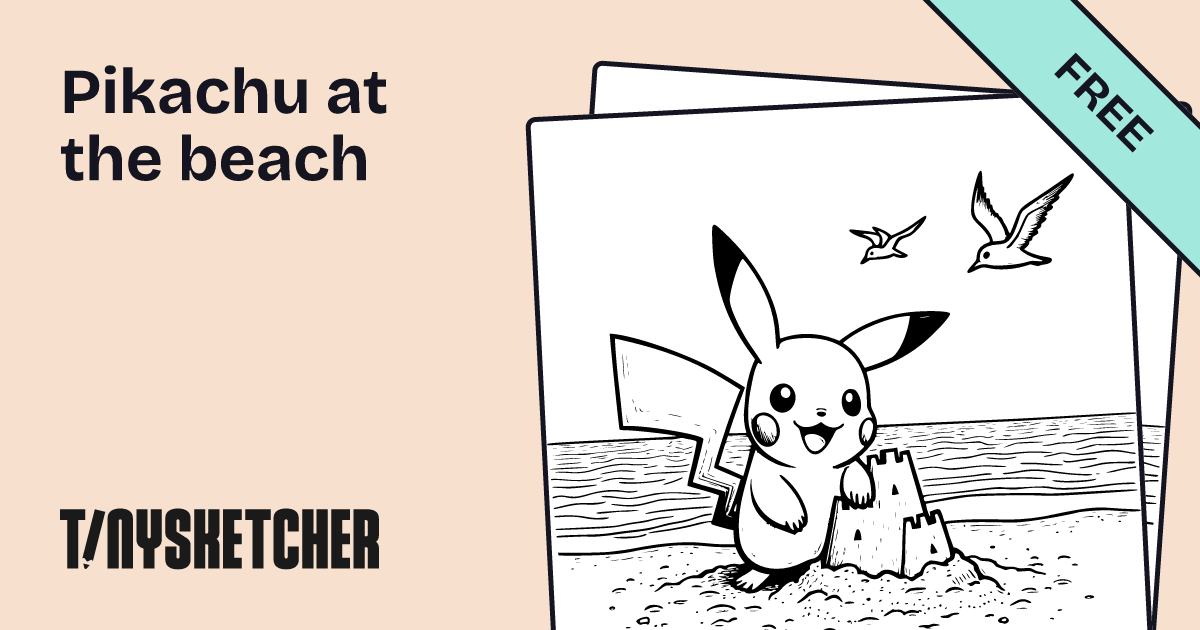 Pikachu at the beach Coloring Page | Free Printables | Tiny Sketcher