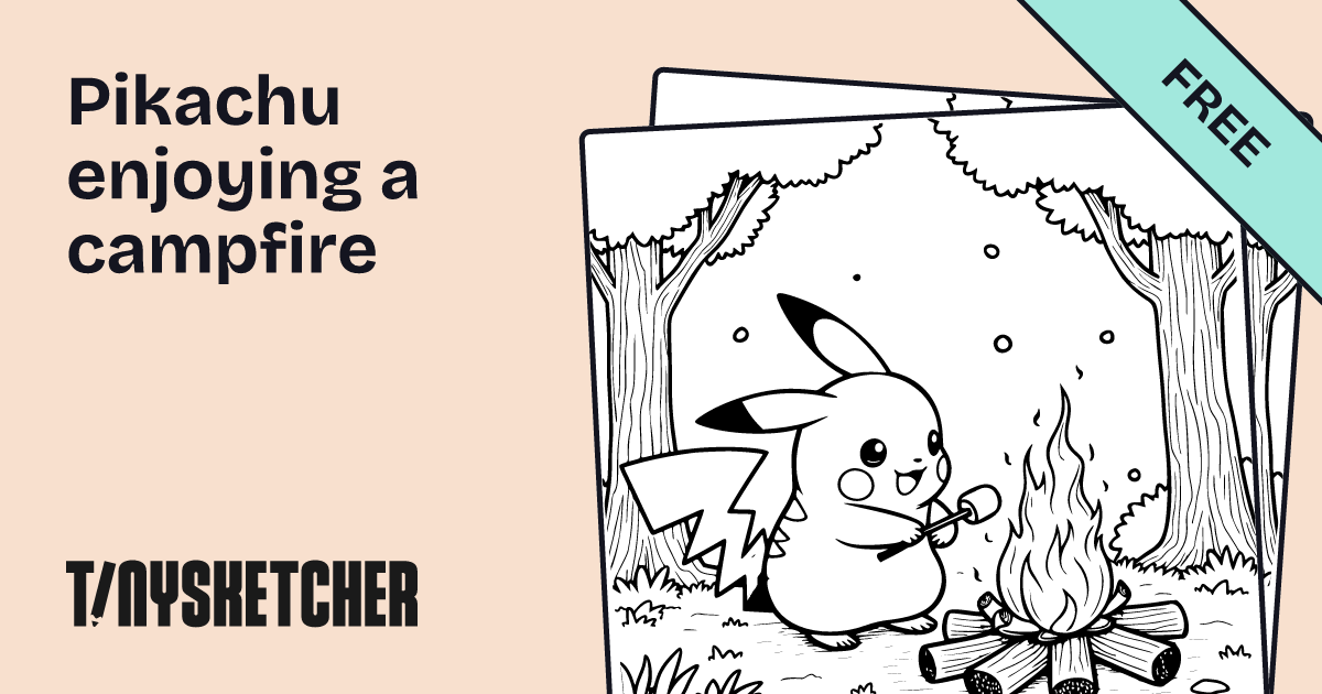Pikachu enjoying a campfire Coloring Page | Free Printables | Tiny Sketcher