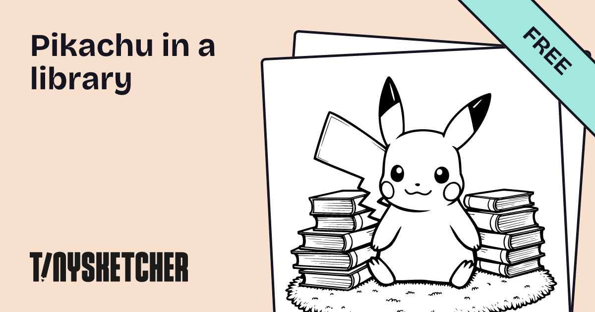 Pikachu in a library Coloring Page | Free Printables | Tiny Sketcher