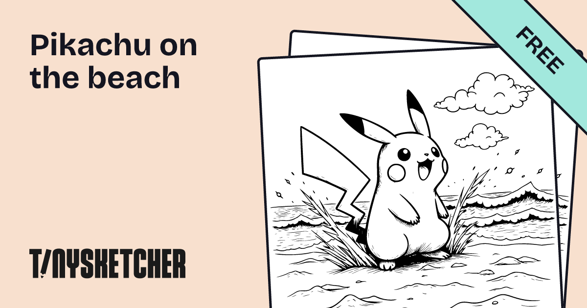 Pikachu on the beach Coloring Page | Free Printables | Tiny Sketcher