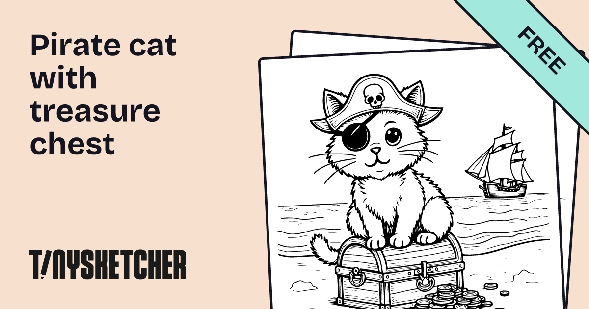 Pirate cat with treasure chest Coloring Page | Free Printables | Tiny ...