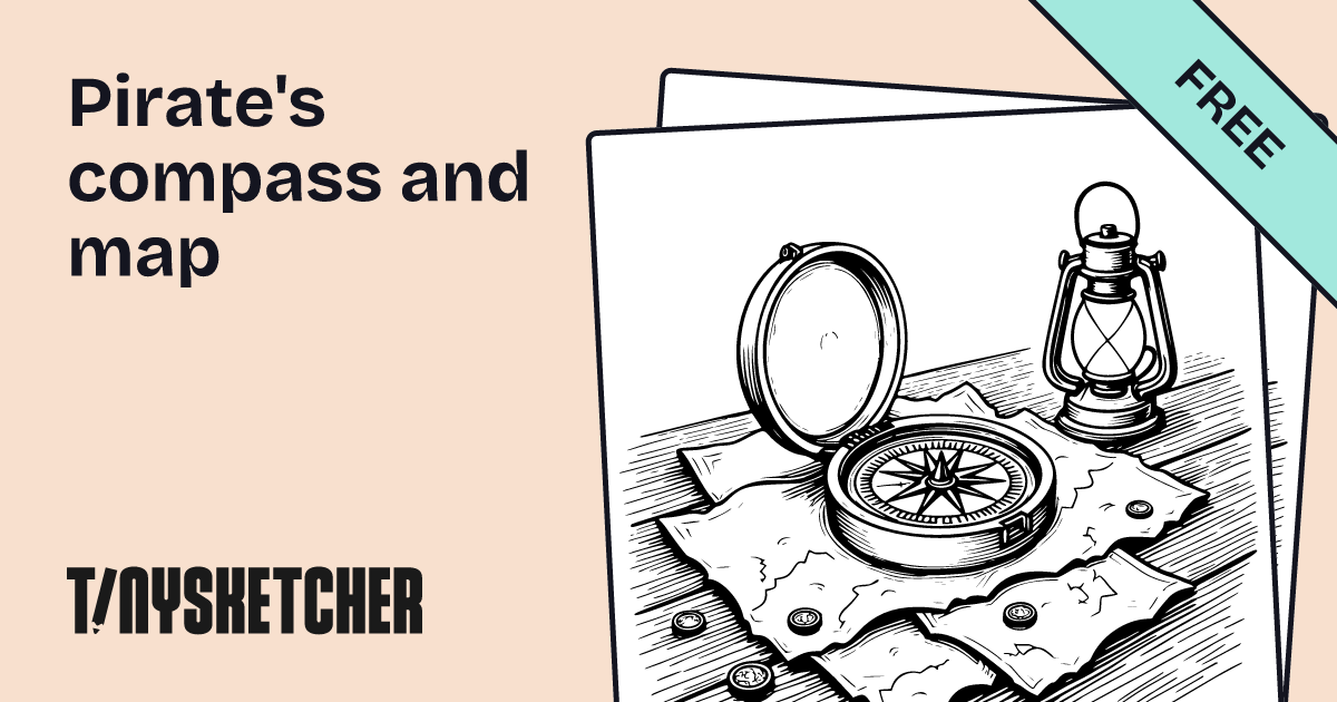 Pirate's compass and map Coloring Page | Free Printables | Tiny Sketcher
