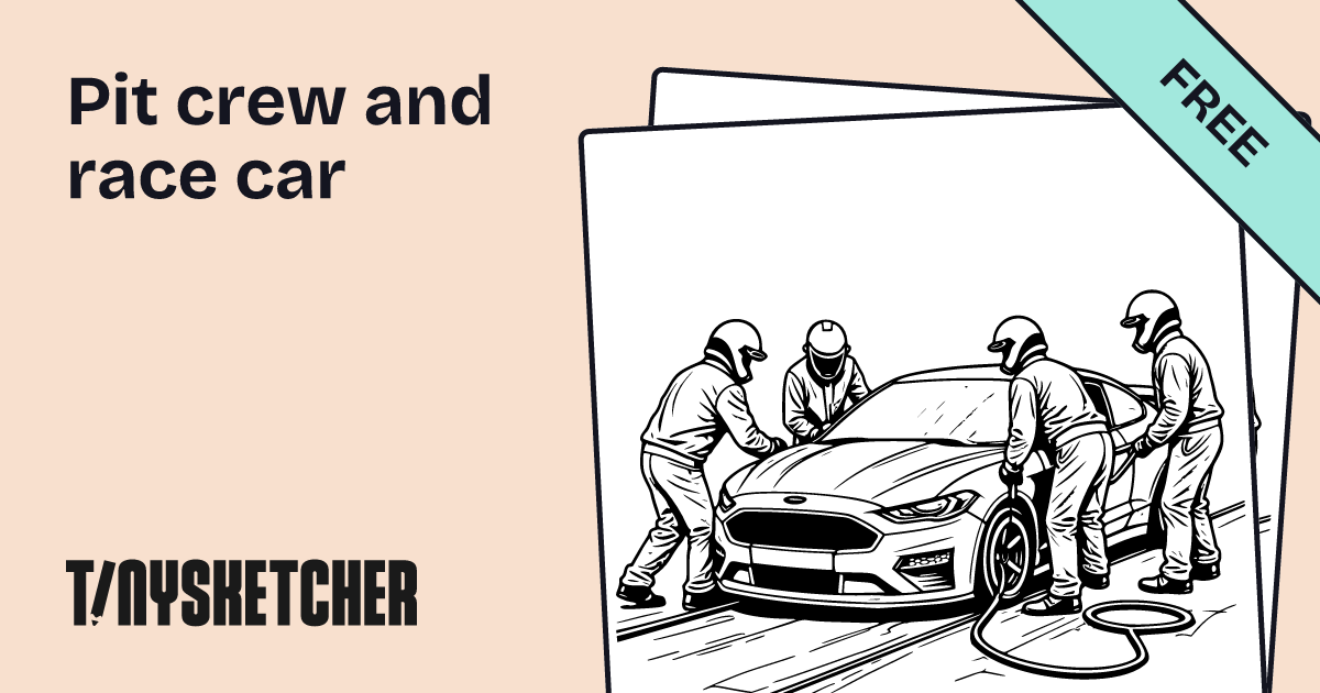 Pit crew and race car Coloring Page | Free Printables | Tiny Sketcher
