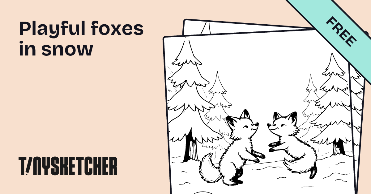 Playful foxes in snow Coloring Page | Free Printables | Tiny Sketcher
