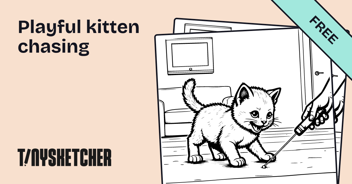 Playful kitten chasing Coloring Page | Free Printables | Tiny Sketcher