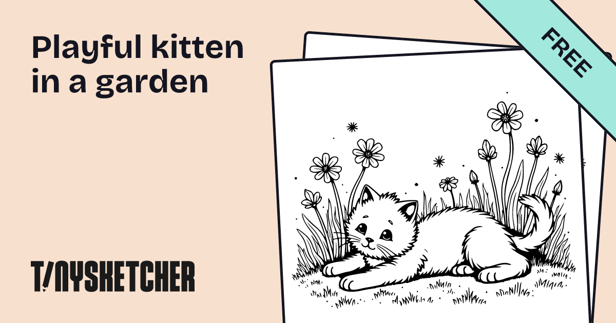Playful kitten in a garden Coloring Page | Free Printables | Tiny Sketcher