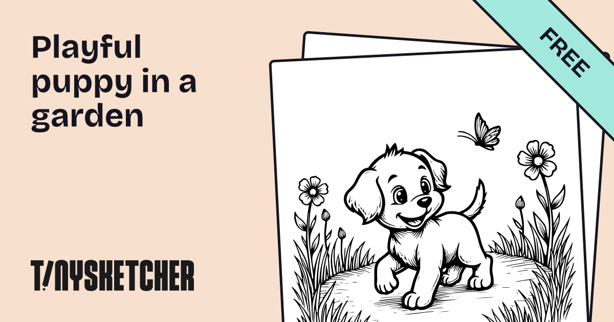 Playful puppy in a garden Coloring Page | Free Printables | Tiny Sketcher