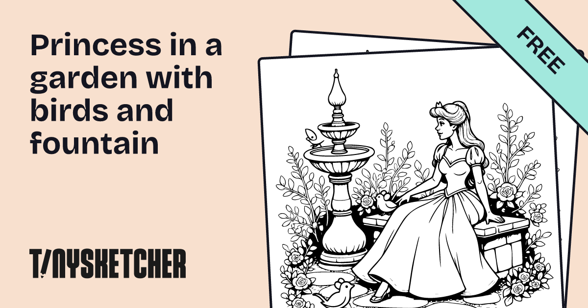 Princess in a garden with birds and fountain Coloring Page | Free ...