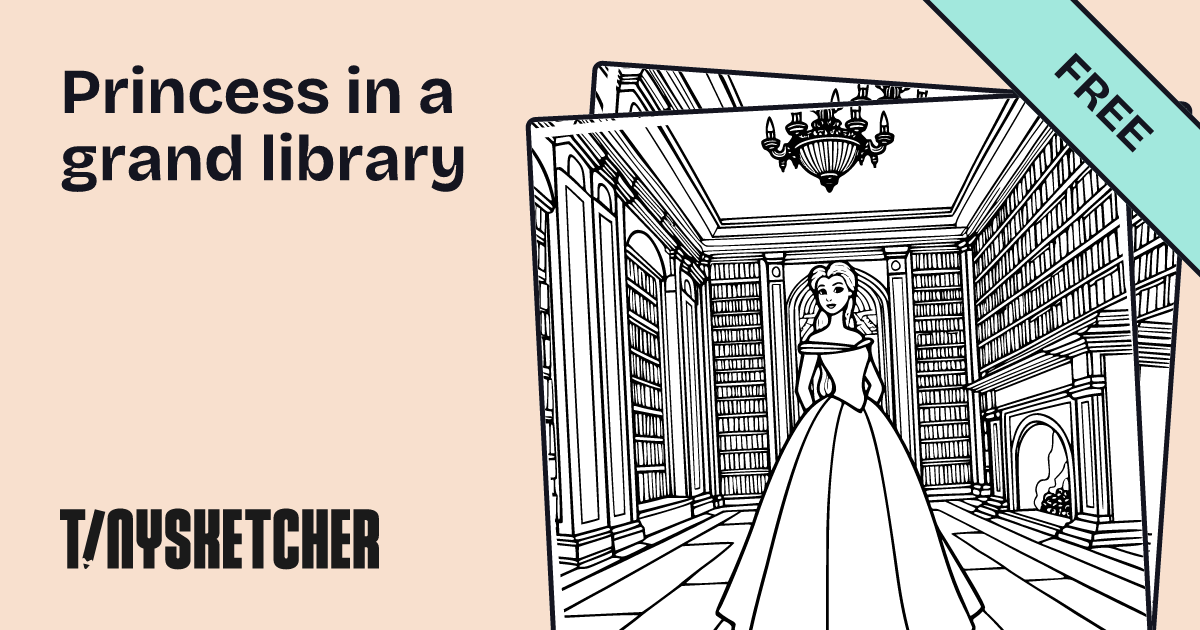 Princess in a grand library Coloring Page | Free Printables | Tiny Sketcher