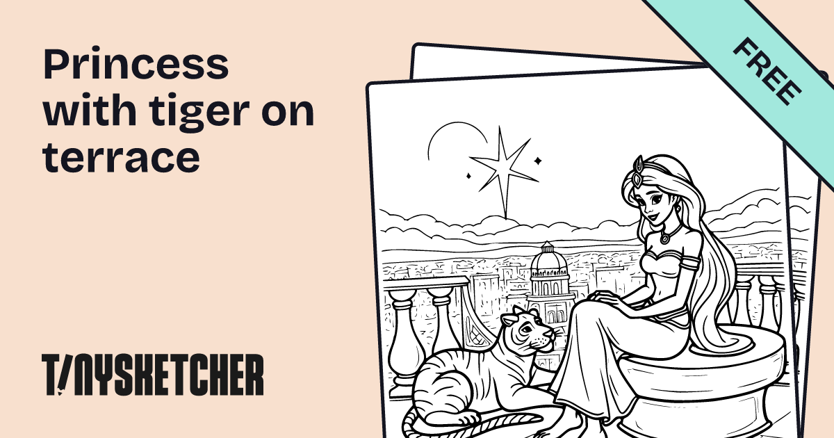 Princess with tiger on terrace Coloring Page | Free Printables | Tiny ...