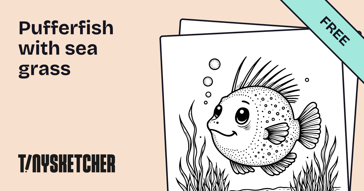 Pufferfish with sea grass Coloring Page | Free Printables | Tiny Sketcher