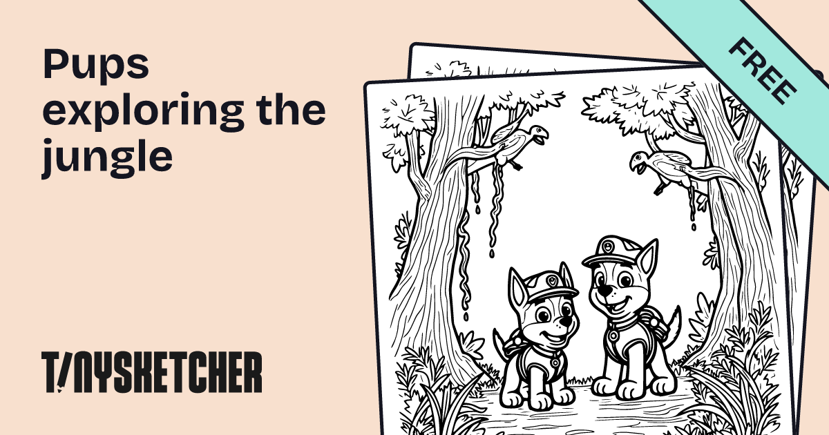 Pups exploring the jungle Coloring Page | Free Printables | Tiny Sketcher