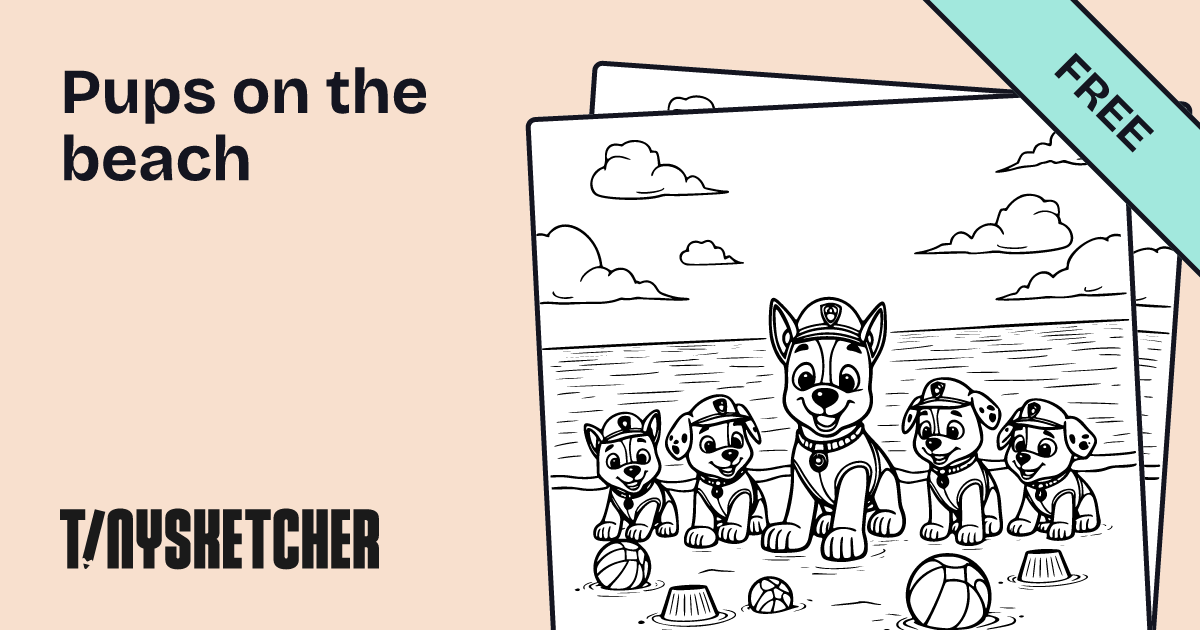 Pups on the beach Coloring Page | Free Printables | Tiny Sketcher