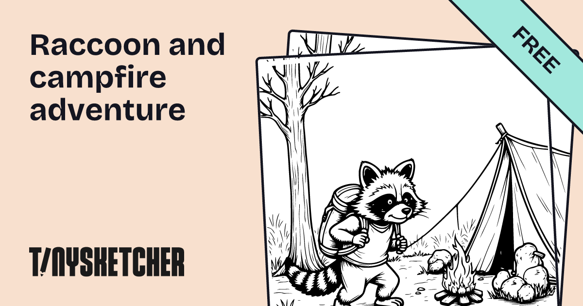 Raccoon and campfire adventure Coloring Page | Free Printables | Tiny ...