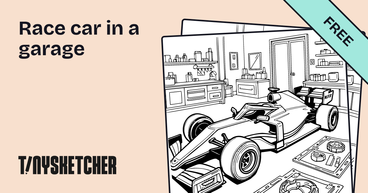 Race car in a garage Coloring Page | Free Printables | Tiny Sketcher