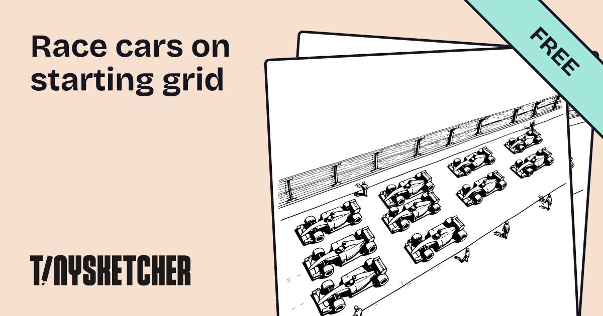 Race cars on starting grid Coloring Page | Free Printables | Tiny Sketcher