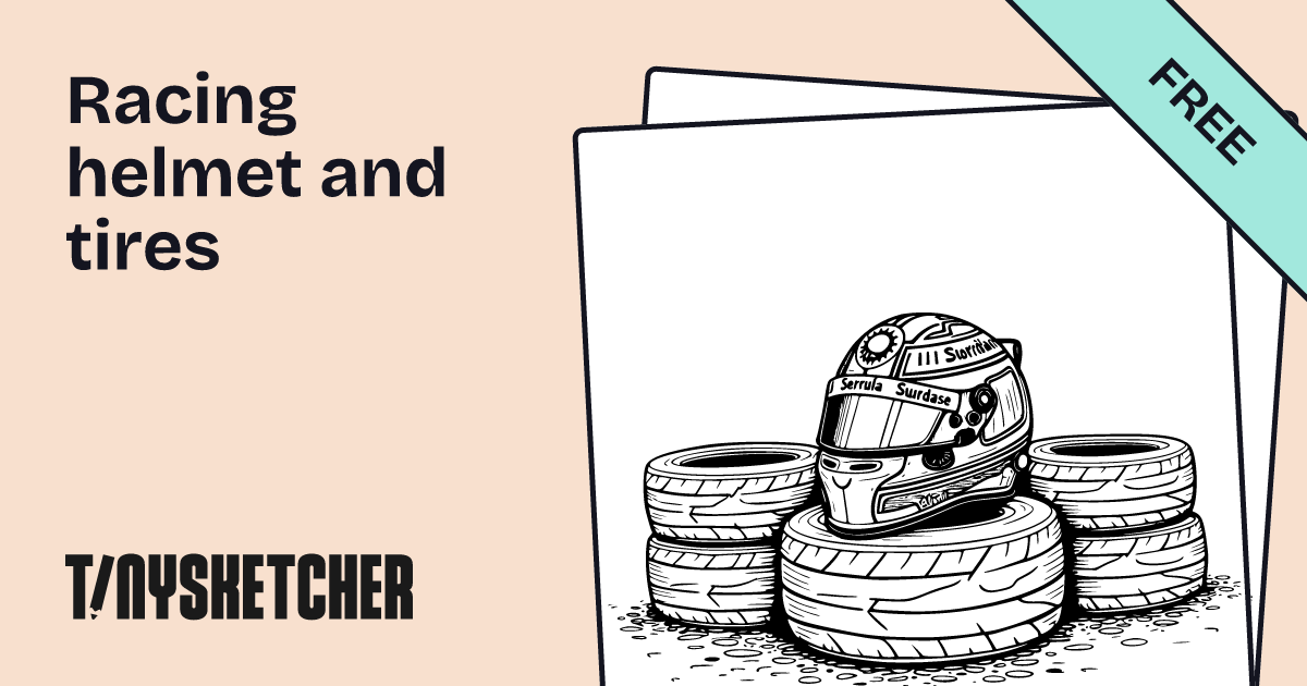 Racing helmet and tires Coloring Page | Free Printables | Tiny Sketcher