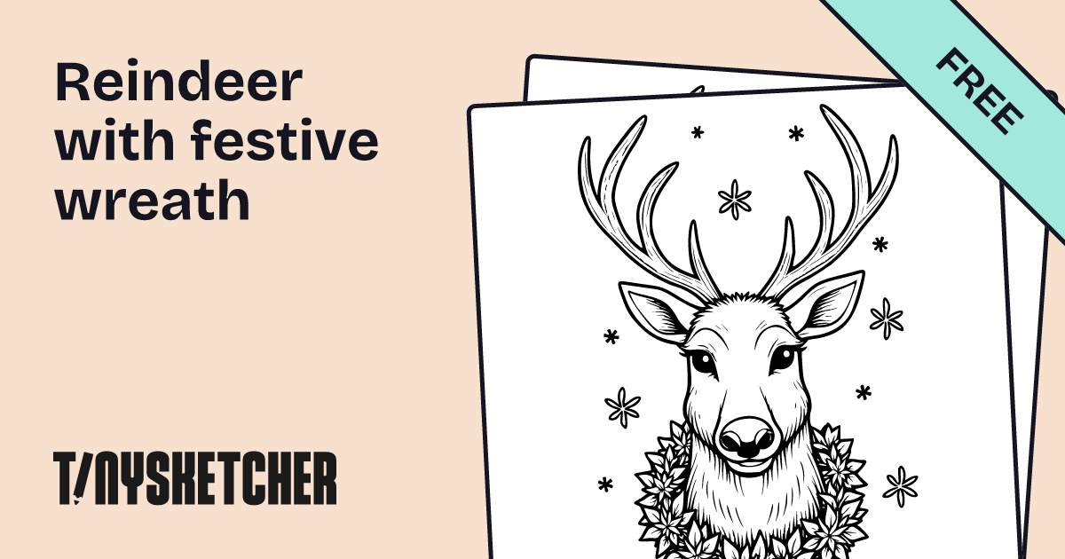 Reindeer with festive wreath Coloring Page | Free Printables | Tiny ...