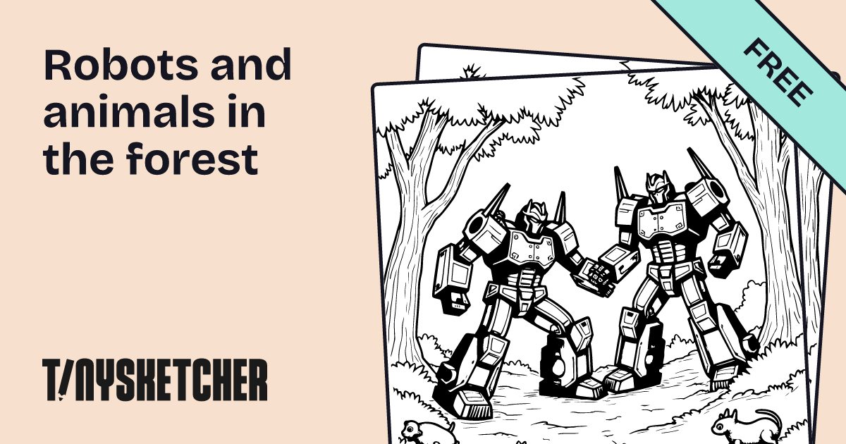 Robots and animals in the forest Coloring Page | Free Printables | Tiny ...