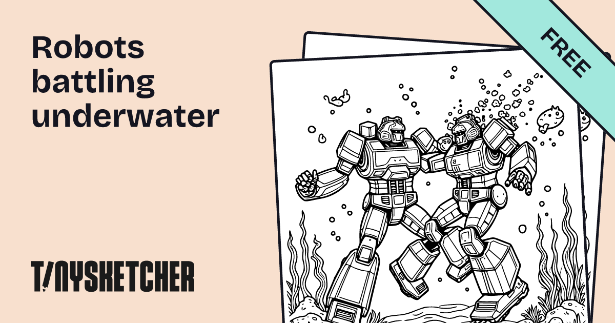 Robots battling underwater Coloring Page | Free Printables | Tiny Sketcher