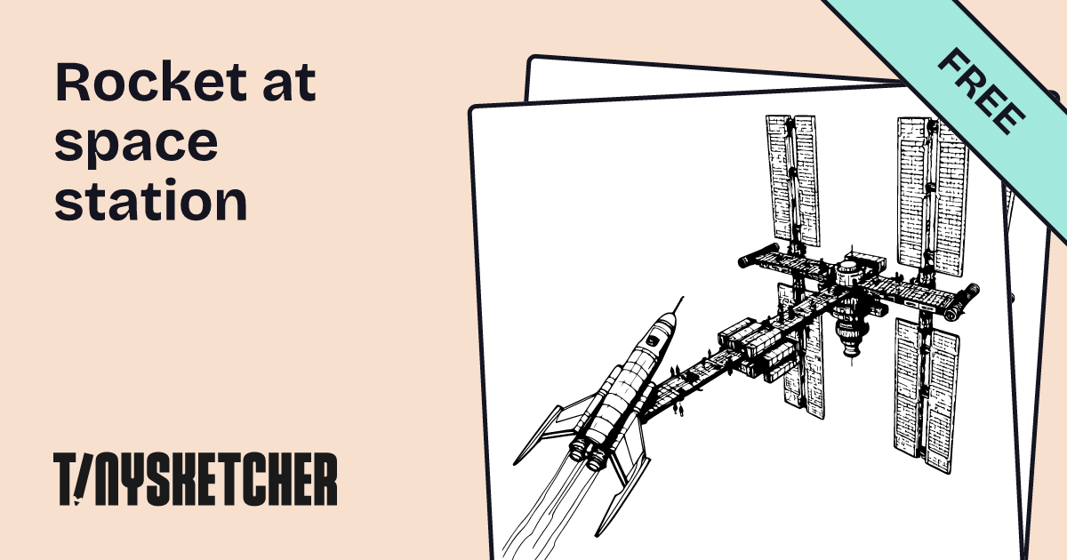 Rocket at space station Coloring Page | Free Printables | Tiny Sketcher