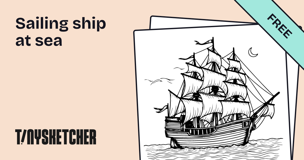 Sailing ship at sea Coloring Page | Free Printables | Tiny Sketcher