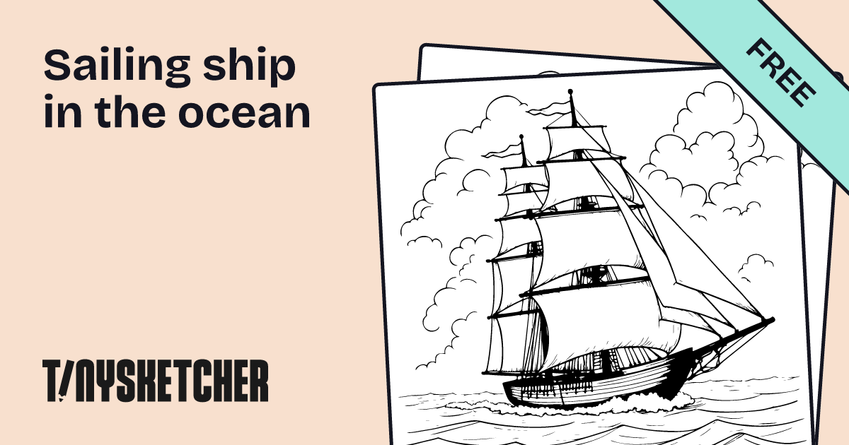 Sailing ship in the ocean Coloring Page | Free Printables | Tiny Sketcher
