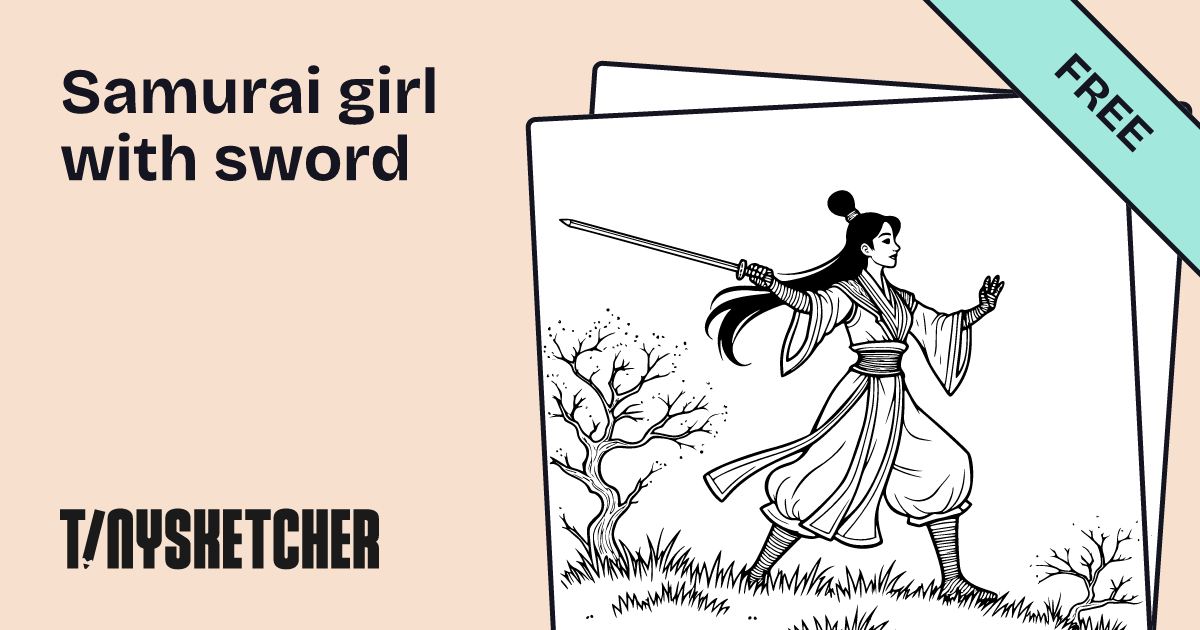 Samurai girl with sword Coloring Page | Free Printables | Tiny Sketcher