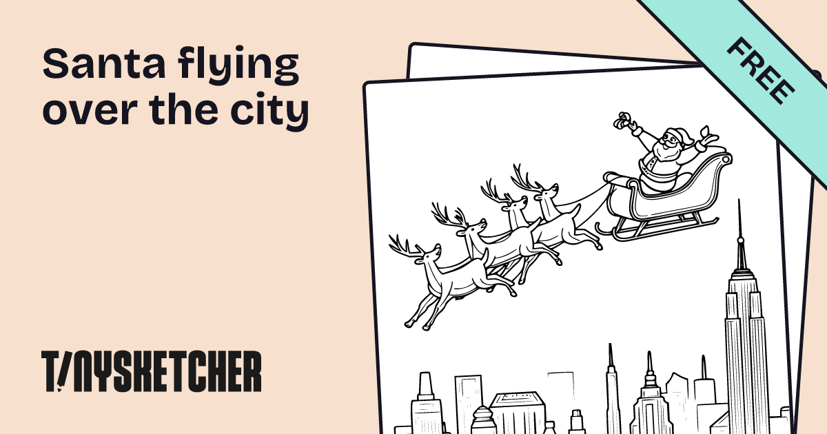 Santa flying over the city Coloring Page | Free Printables | Tiny Sketcher