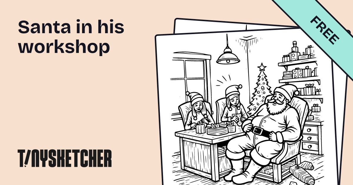 Santa in his workshop Coloring Page | Free Printables | Tiny Sketcher