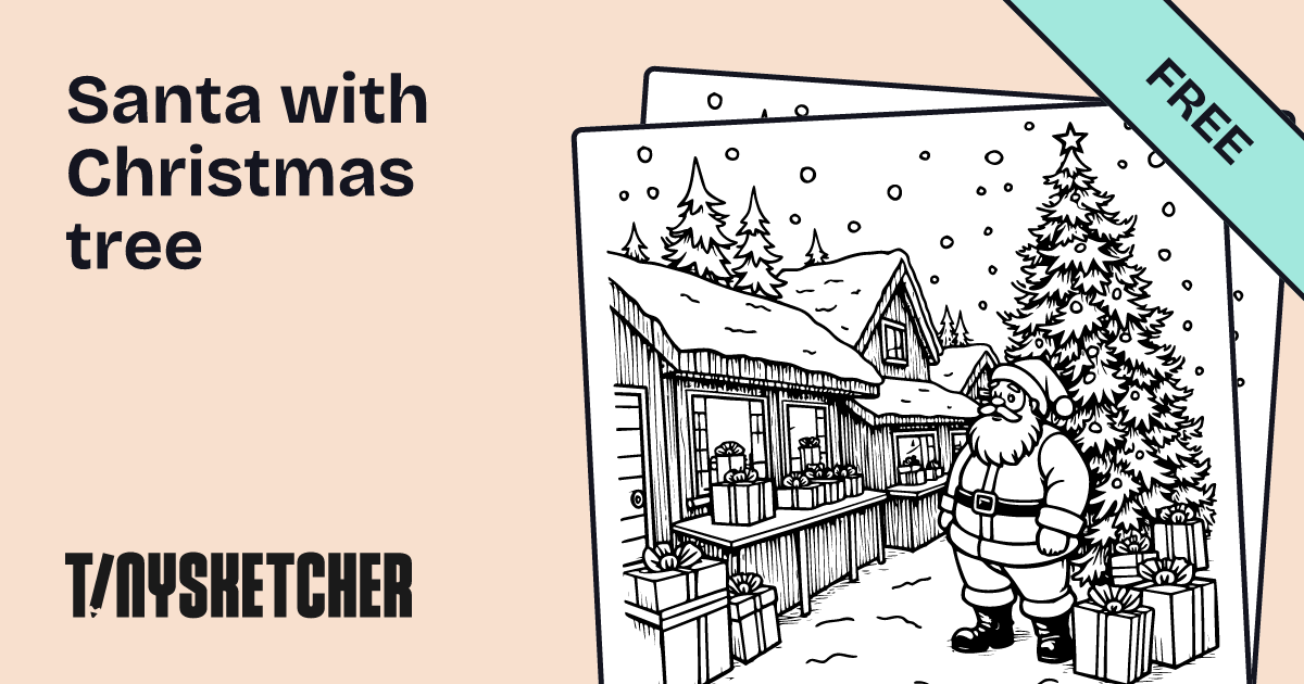 Santa with Christmas tree Coloring Page | Free Printables | Tiny Sketcher