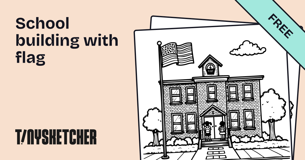 School building with flag Coloring Page | Free Printables | Tiny Sketcher