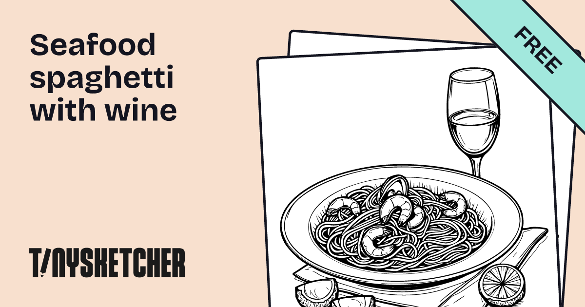 Seafood spaghetti with wine Coloring Page | Free Printables | Tiny Sketcher