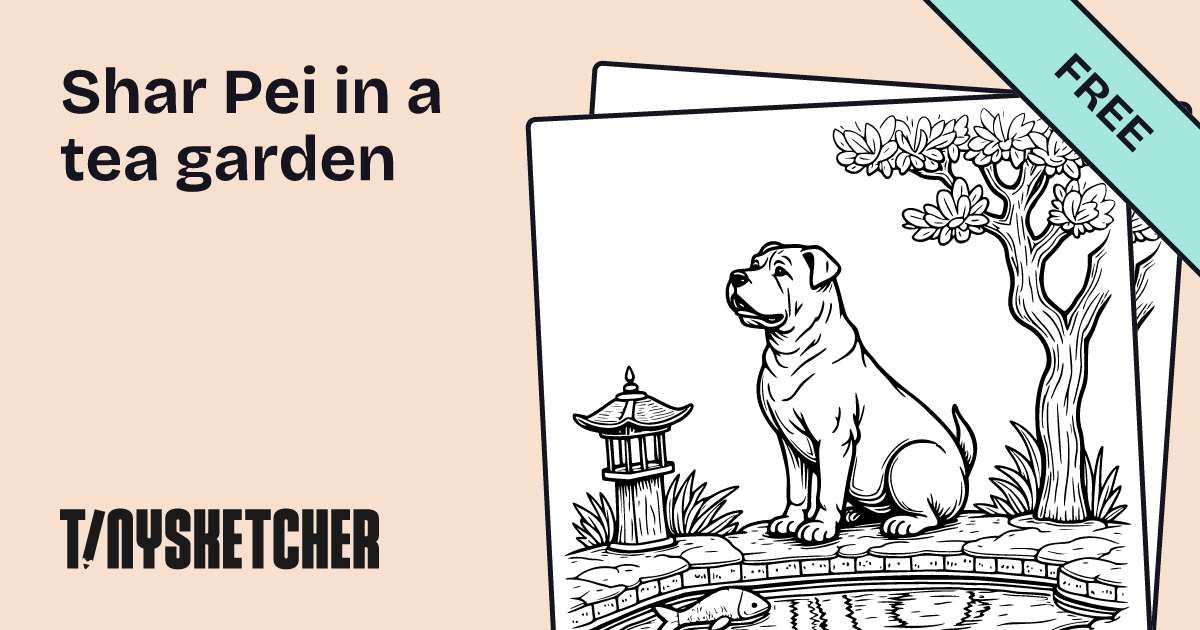 Shar Pei in a tea garden Coloring Page | Free Printables | Tiny Sketcher