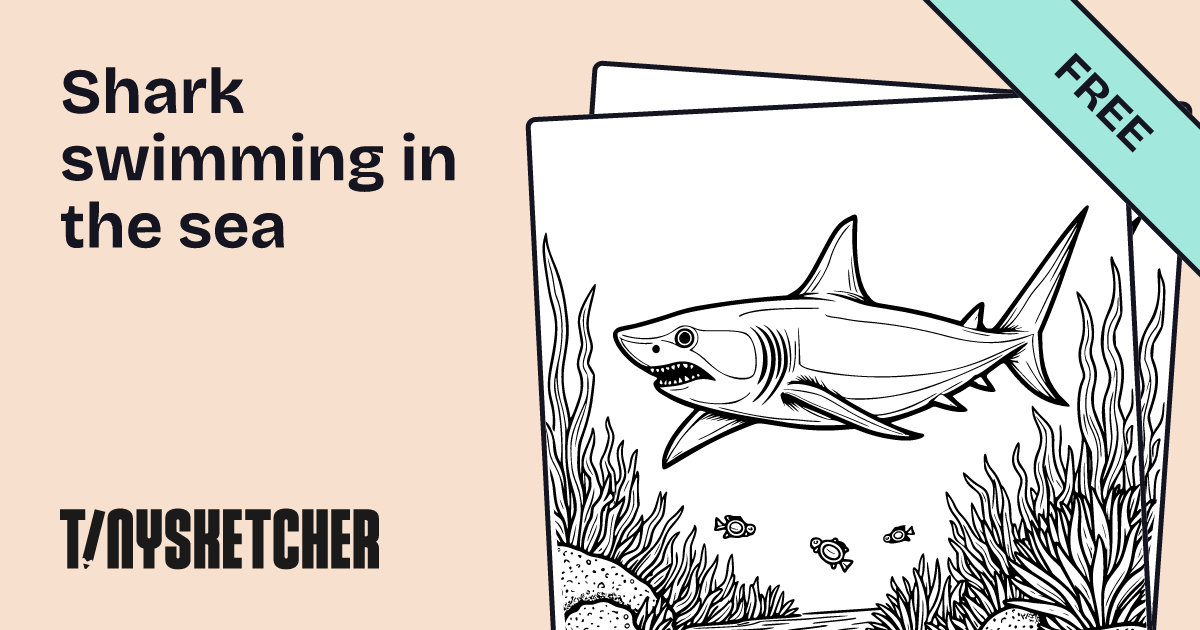 Shark swimming in the sea Coloring Page | Free Printables | Tiny Sketcher