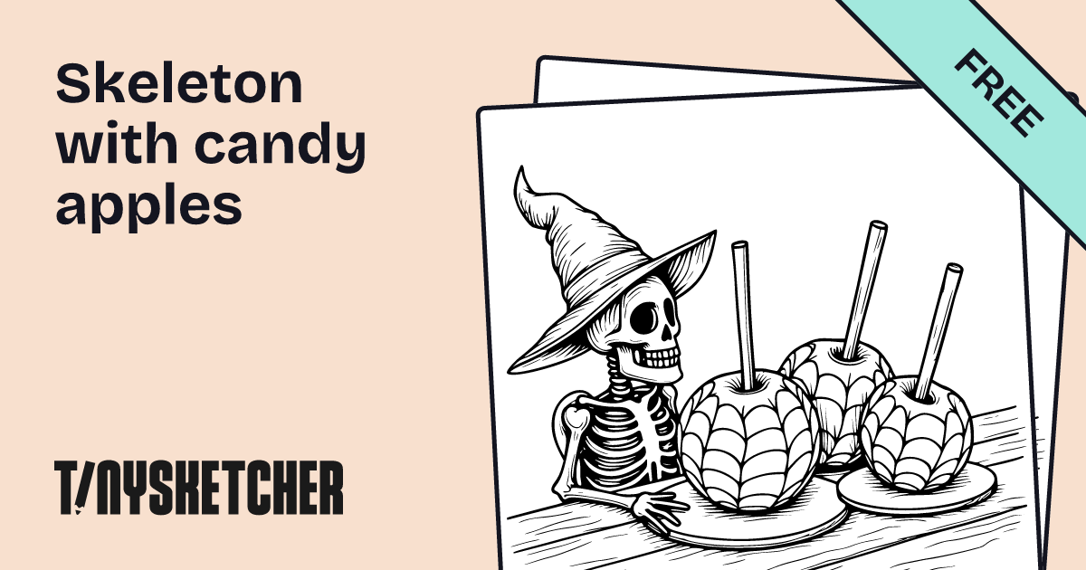Skeleton with candy apples Coloring Page | Free Printables | Tiny Sketcher