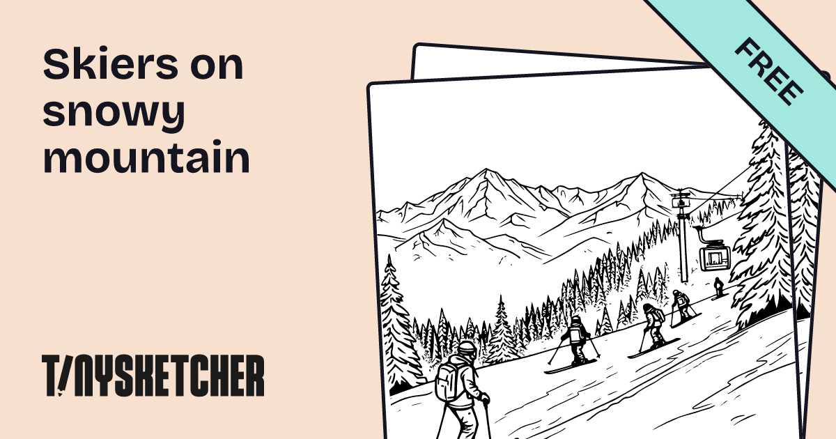 Skiers on snowy mountain Coloring Page | Free Printables | Tiny Sketcher