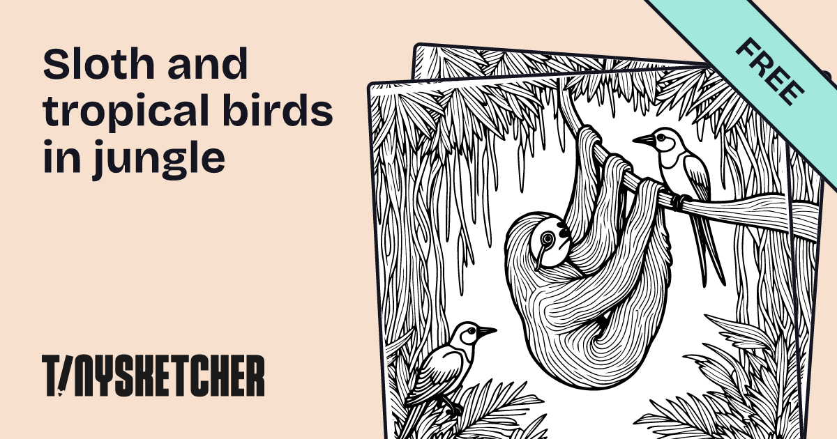 Sloth and tropical birds in jungle Coloring Page | Free Printables ...