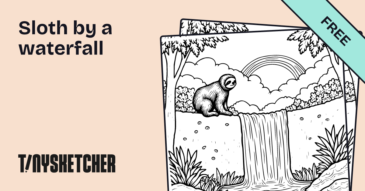 Sloth by a waterfall Coloring Page | Free Printables | Tiny Sketcher