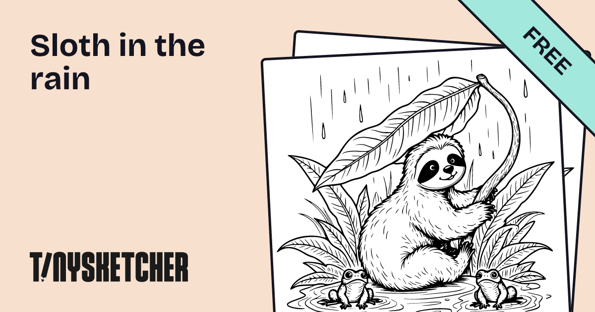 Sloth in the rain Coloring Page | Free Printables | Tiny Sketcher